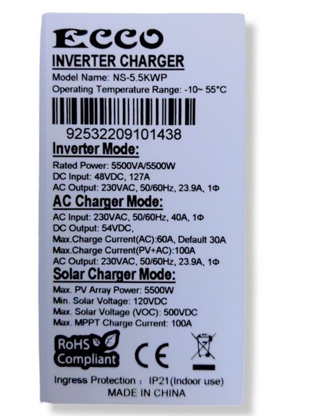 ECCO 5.5KW 48V 100A MPPT Hybrid Solar Invertor | Description